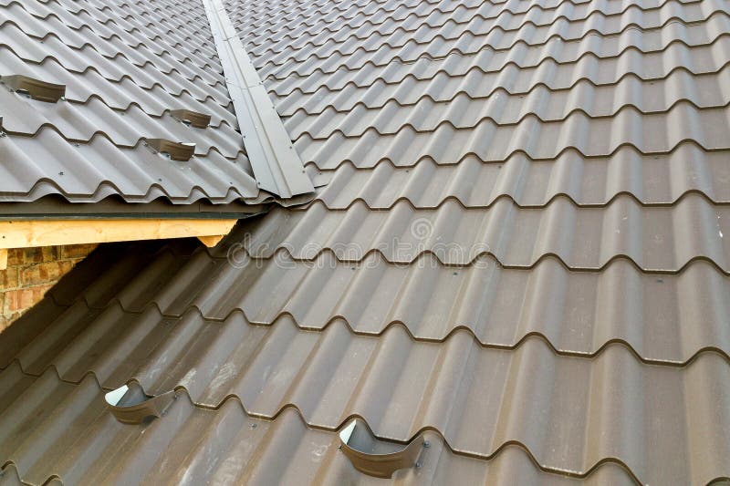 Close Up of New House Roof Structure Covered with Metal Tile Sheets ...