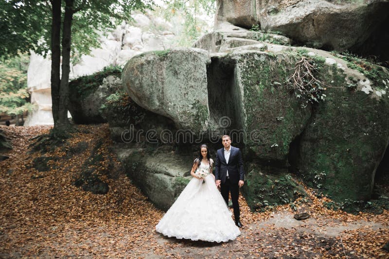 Wedding Couple in Love Kissing and Hugging Near Rocks on Beautiful ...