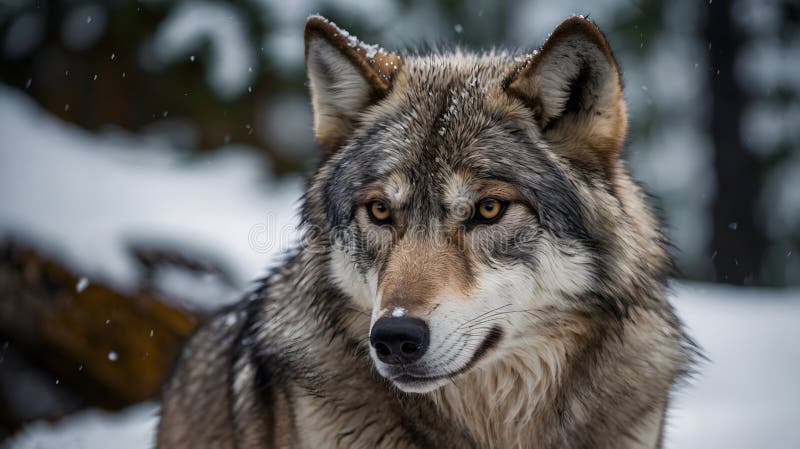 Close-up of Northern Rocky Mountain Wolf with Snow-Capped Peaks in the ...