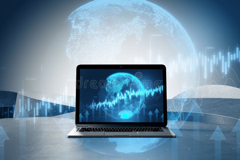 Close Up of Notebook with Abstract Globe and Forex Chart on Blurry ...