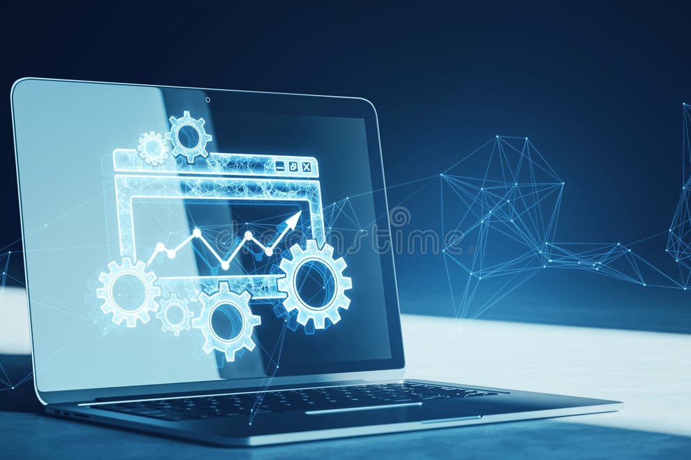 Close Up of Notebook on Desk with Digital Folder with Cogs, Mesh and ...