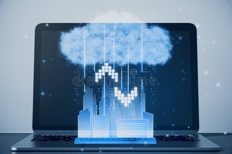 Close Up of Notebook on Desk with Hologram. Cloud Computing Concept ...
