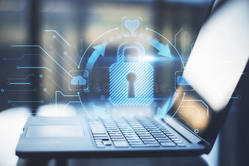 Close Up of Notebook on Desktop with Abstract Glowing Blue Padlock ...