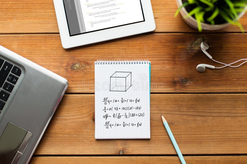 Close Up of Notebook, Laptop and Tablet Pc on Wood Stock Image - Image ...