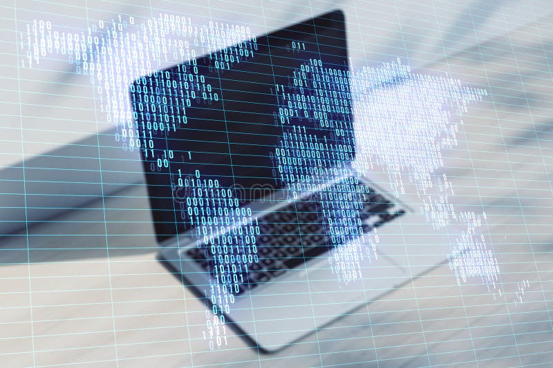 Close Up of Notebook at Light Workplace with Glowing Digital Pixel ...