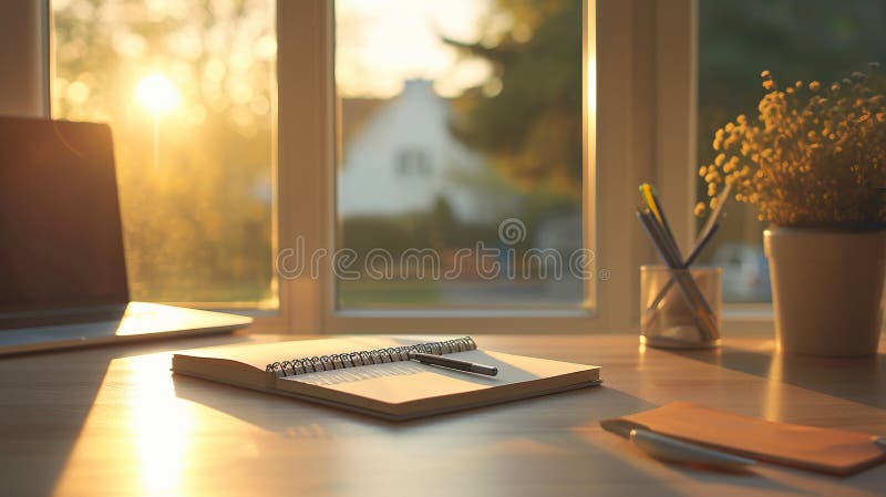 Close Up Notebook and Pen Lying on Table while Stunning Sunset Out the ...