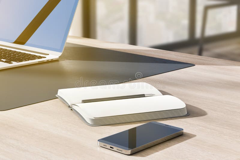 Close Up of Notepad and Cellphone on Creative Outdoor Wooden Designer ...