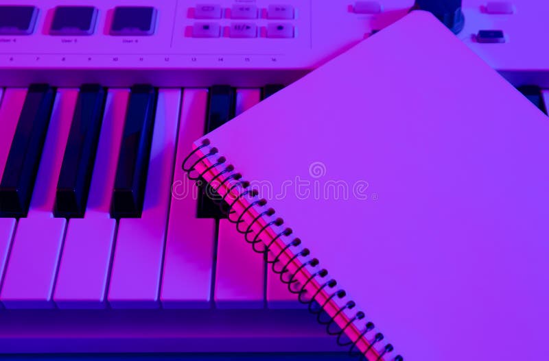 Close-up, Notepad on Musical Keys in Neon Lighting. Stock Image - Image ...