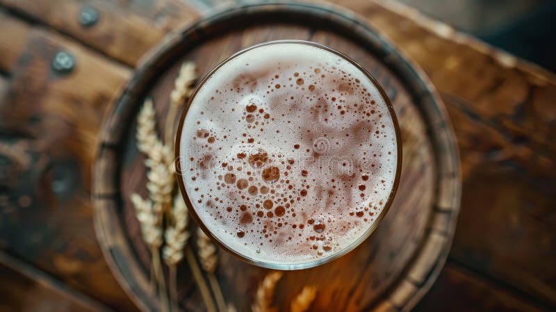 Close Up of an Oak Barrel with Dark Beer and Barley Ears a Rustic ...