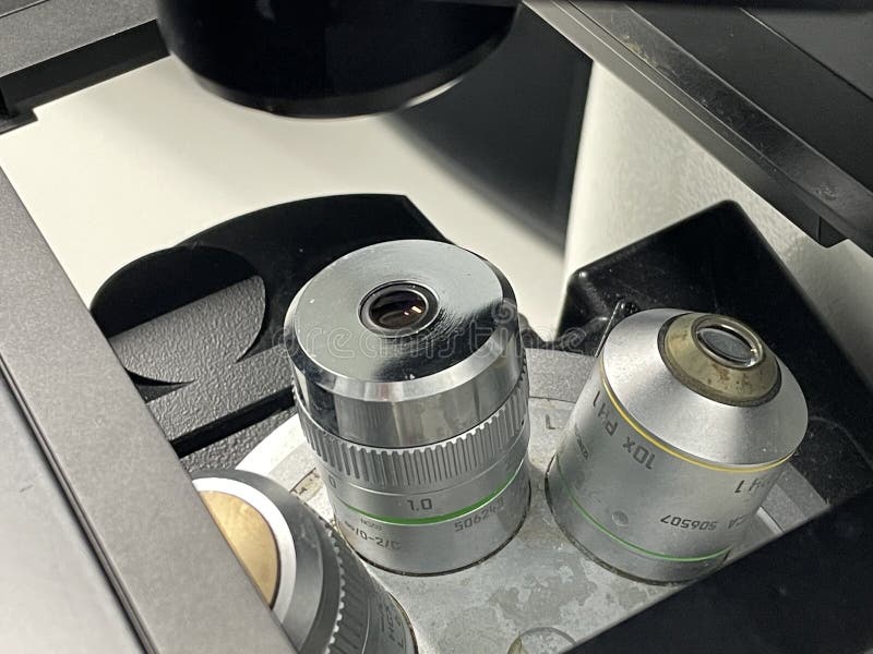 Close-up of the Objective Lens on the Microscope in the Laboratory ...