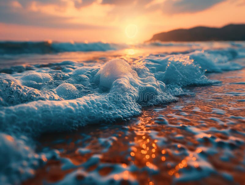 Close-up of Ocean Waves with Bubbles at Sunset on a Sandy Beach. Stock ...