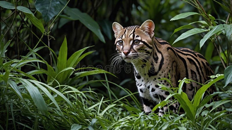 A Close-up of an Ocelot in a Lush Green Environment, Showcasing Its ...