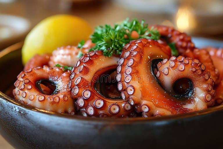Close-up of Octopus Dish with Lemon and Herbs. Generated by Artificial ...