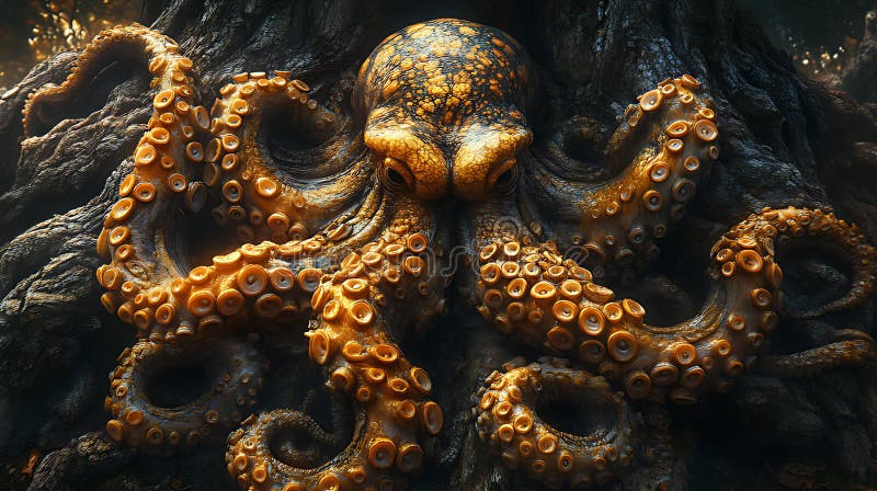 A Close-up of an Octopus with Its Tentacles Curled Around a Tree Trunk ...