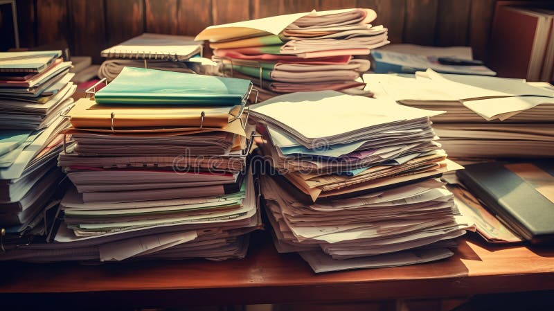 Close-up Office Desk with an Organized Stack of Papers. Generative AI ...