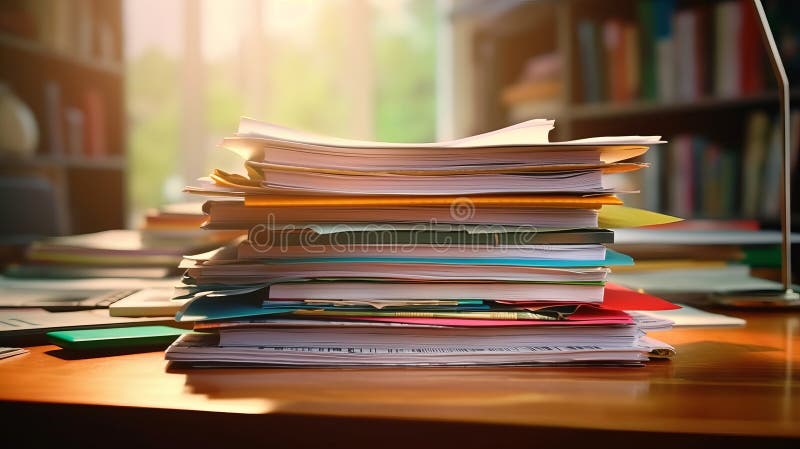 Close-up Office Desk with an Organized Stack of Papers. Generative AI ...