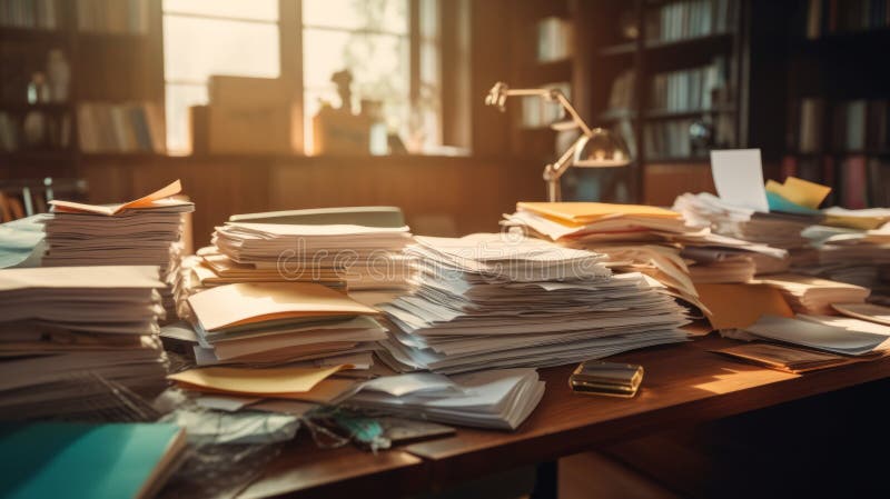 Close-up Office Desk with an Organized Stack of Papers. Generative AI ...