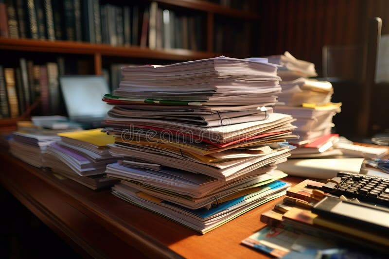 Close-up Office Desk with an Organized Stack of Papers, Heavy Workload ...