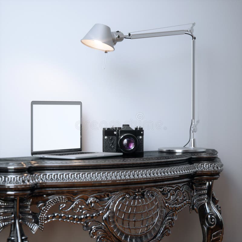 Close-up Office with Table, Laptop, Lamp and Camera. Mock-up Stock ...