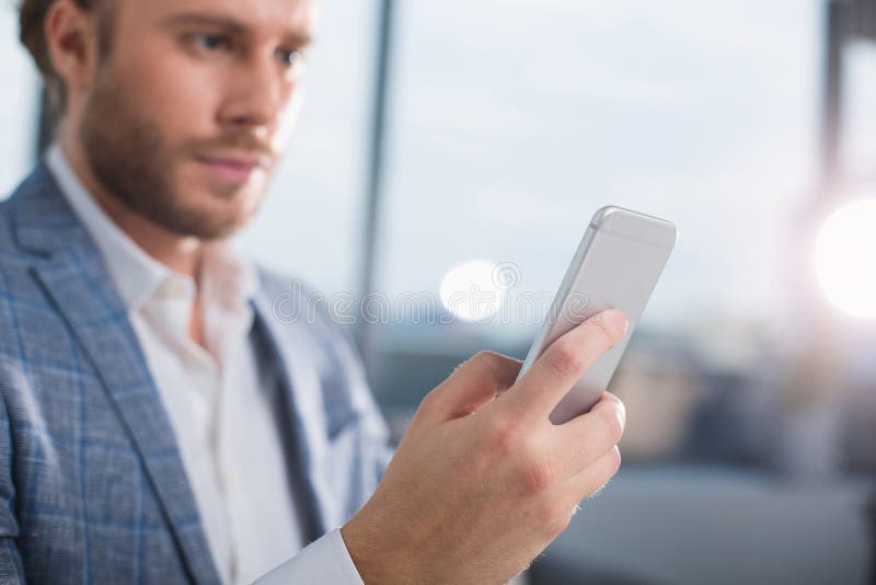 Relaxed Manager Typing on Mobile Phone Stock Image - Image of clerk ...