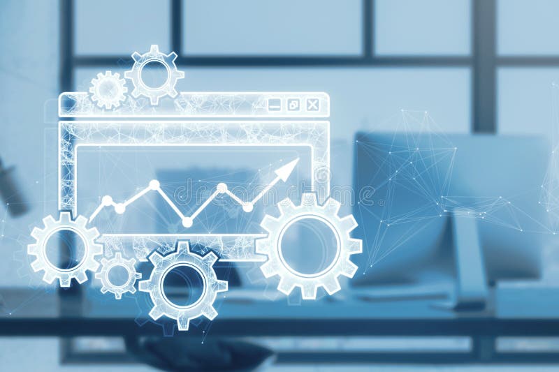 Close Up of Office Workplace with Digital Folder with Cogs, Mesh and ...