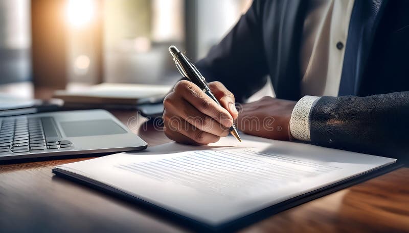 Close-up Office Workspace with Hand Writing on Document Stock ...