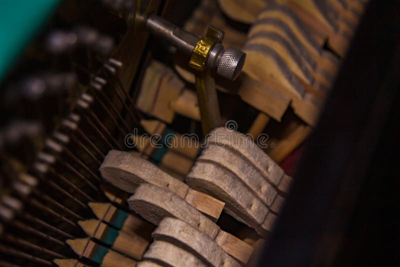 Close Up of Old Broken Dusty Piano from the Inside. Hammers in ...