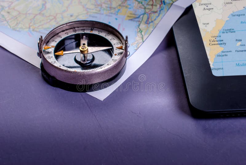 Close-up of Old Compass, Tablet and Map Stock Image - Image of compass ...