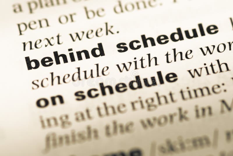 Close Up of Old English Dictionary Page with Word Behind Schedule Stock ...