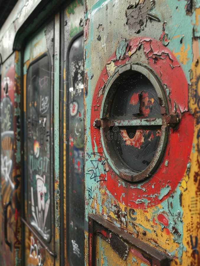Close-up of an Old, Graffiti-covered, Rusted Train with Peeling Paint ...