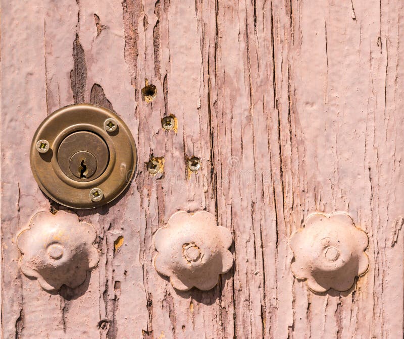 Close Up on the Old Lock with an Interesting Texture on the Door Stock ...