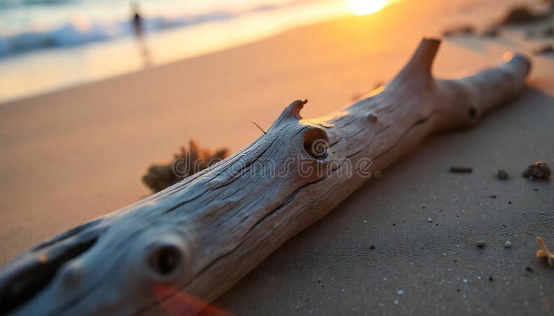 Close-up of an Old Log on the Beach at Sunset Stock Illustration ...