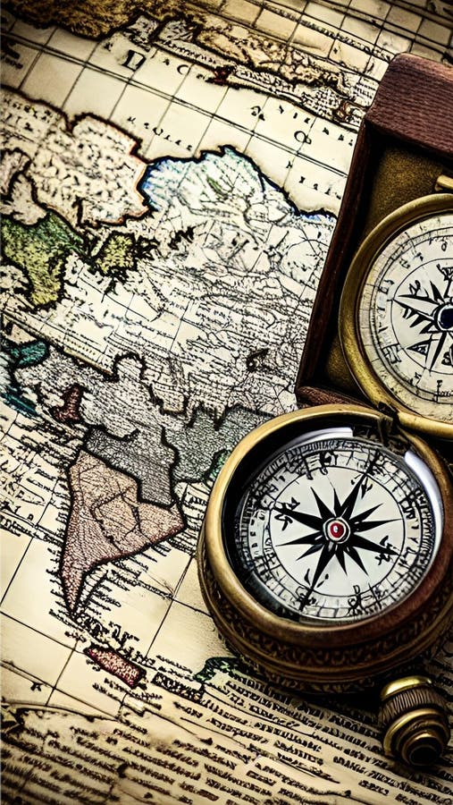 A Close-up of an Old Map with Compass Illustration Artificial ...
