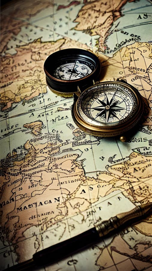 A Close-up of an Old Map with Compass Illustration Artificial ...