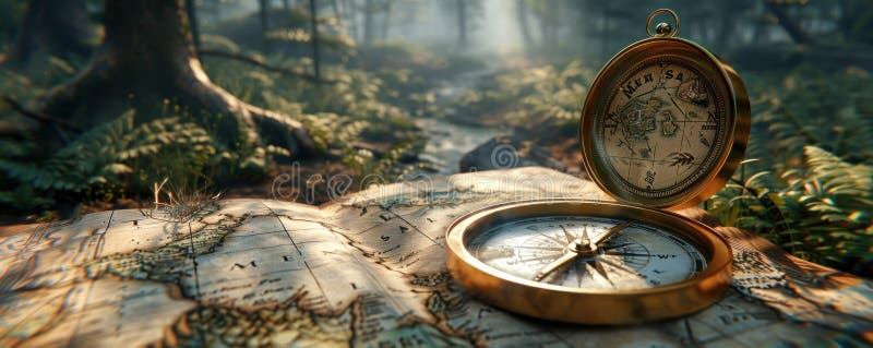 Close-up on an Old Map S Compass, Guiding through Enchanted Forests ...