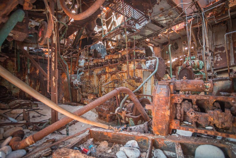 Close-up Shot of an Old Rusty Ship Engine Room. Stock Image - Image of ...