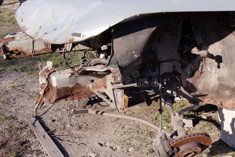 Close Up of an Old Rusty Broken Automobile. Car Crash or Fire ...