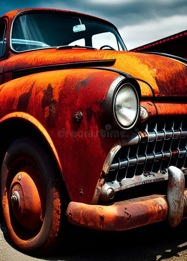 Old Rusty Car with a Red and Blue Sky , AI Generated Stock Illustration ...