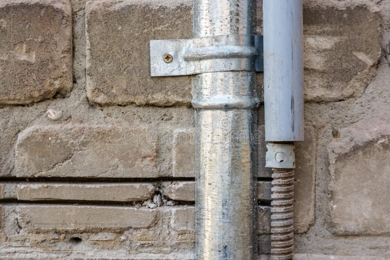 Close Up Old Steel Pipe and Grey Texture Wall Stock Image - Image of ...