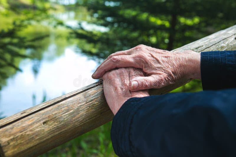 Close-up of Old Womans Hands Resting at a Railing in Nature Stock Image ...