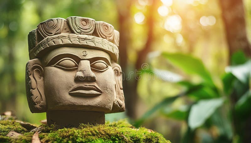 Olmec Head. Stone Sculpture. Ancient Mayan Statue in Jungle Stock ...