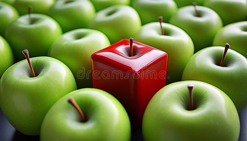 Close-up of One Cube Shaped Red Apple between the Normal Green Apples ...