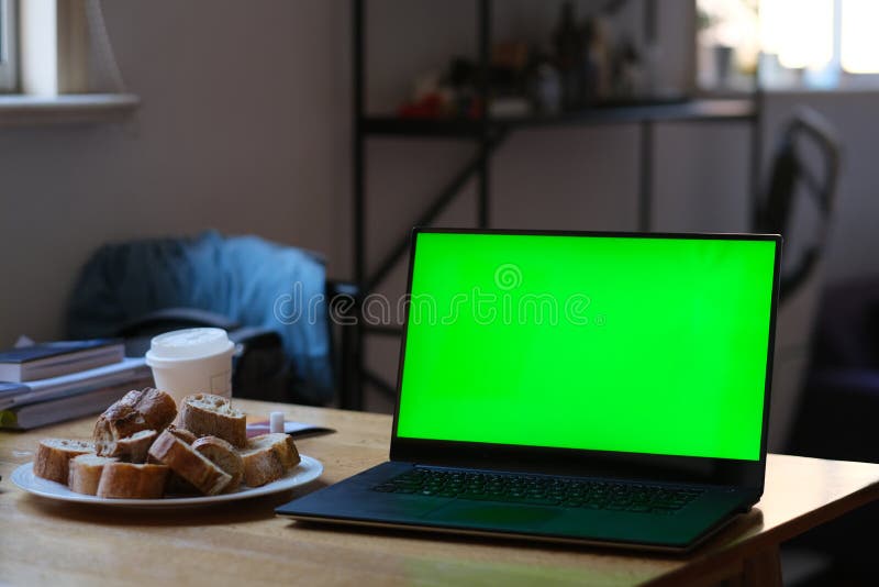Green Screen Laptop Computer on Table in Cafe Stock Image - Image of ...
