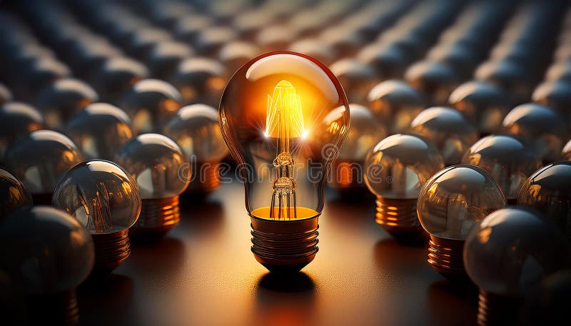 One Light Bulb Lit among a Large Group of Unlit Light Bulbs ...