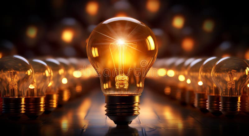 One Light Bulb Lit among a Large Group of Unlit Light Bulbs ...