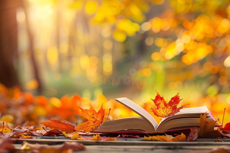 Close Up of Open Book in Autumn Park Background Stock Illustration ...