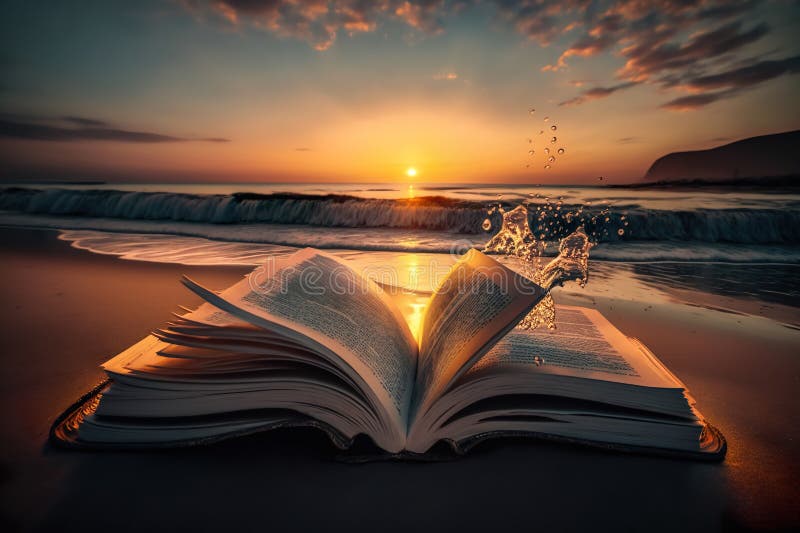 Close-Up of Open Book at the Beach at Beautiful Sunset - Generative AI ...