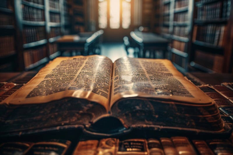 Closeup of an Open Book on a Vintage Library Table Sunlight ...