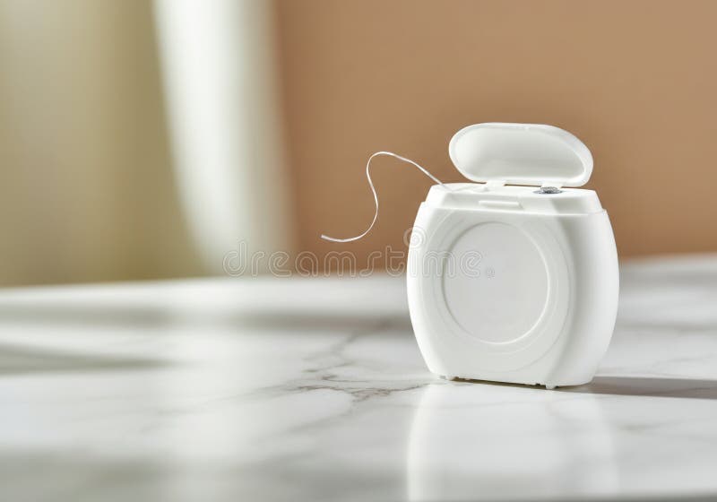 Close-up of Open Dental Floss Container with White String on Marble ...