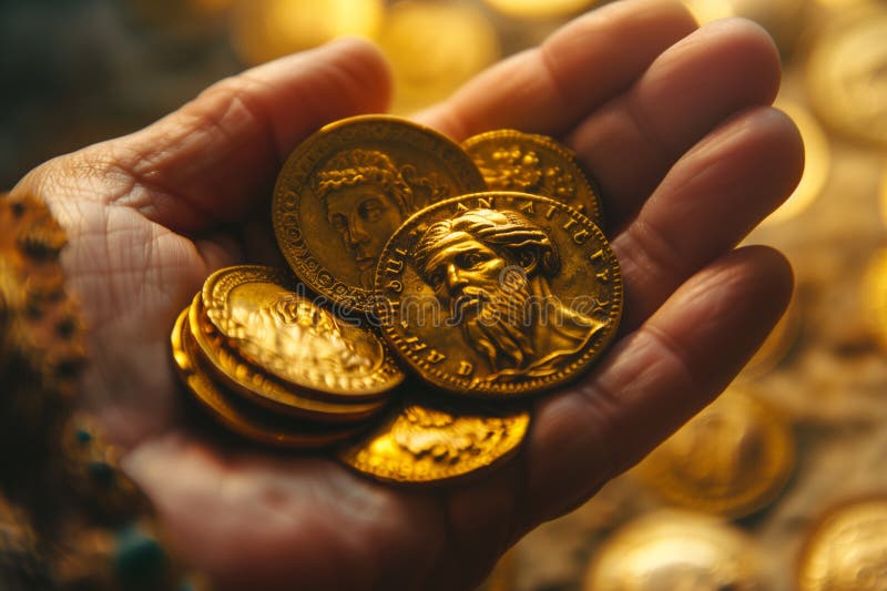 A Close Up of an Open Hand Holding Several Gold Coins with Faces on ...
